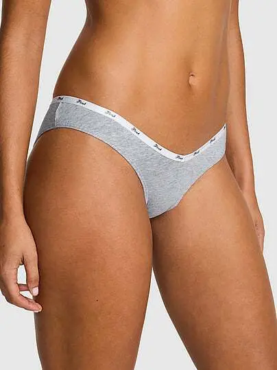 Pink Logo Cotton Tanga Panty - Grey