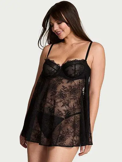 Victoria's Secret Very Sexy Wicked Unlined Rose Lace Babydoll Set - Black