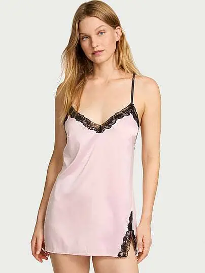 Victoria's Secret Satin Mini Slip With Lace Trim - Pink