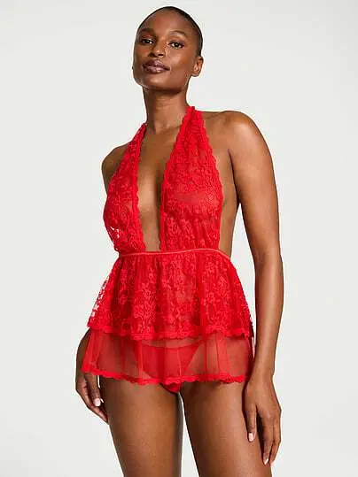 Victoria's Secret Dream Angels Lace Tulle Plunge Babydoll Set - Red