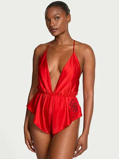 Victoria's Secret Satin Sparkle Bow Flutter Romper - Red