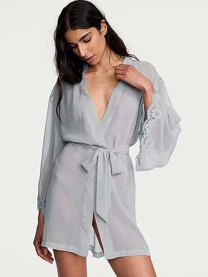 Victoria's Secret Dream Angels Chiffon & Lace Short Robe - Grey