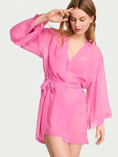 Victoria's Secret Dream Angels Chiffon & Lace Short Robe - Pink