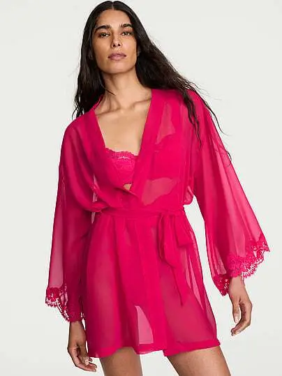 Victoria's Secret Dream Angels Chiffon & Lace Short Robe - Pink