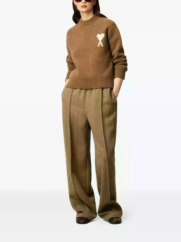 Ami Herringbone Wool Trousers - Brown