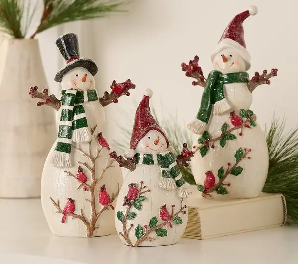 VALERIE PARR HILL As Is 3-pc Snowman Family With Cardinals Valerie - One-color