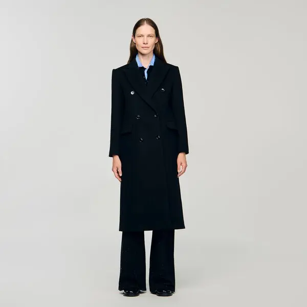 Sandro Long Wool Double-breasted Coat - Black