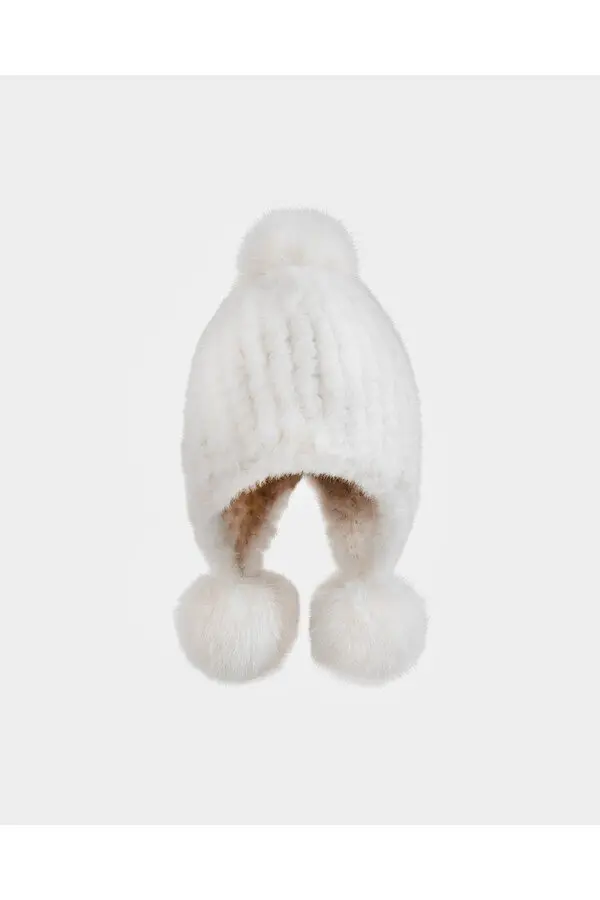 Rudsak Knitted Faux Fur Hat With Pom-poms - Natural