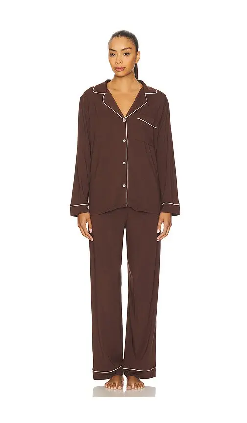 Eberjey Gisele Long Pj Set In Chocolate - Chocolate & Ivory