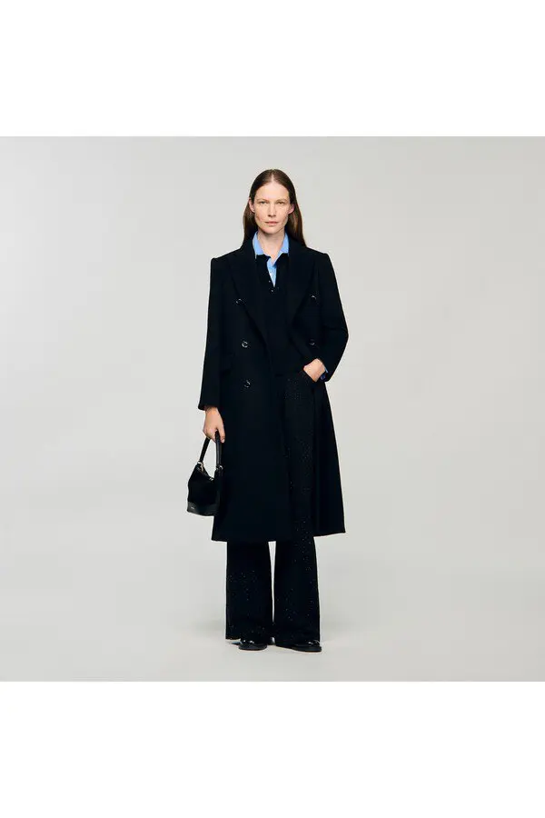 Sandro Long Wool Coat - Black