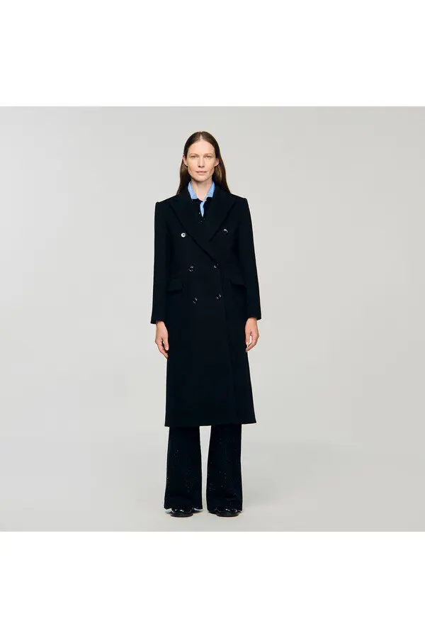 Sandro Long Wool Coat - Black
