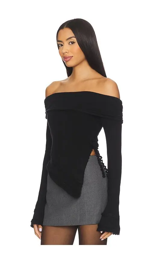GUIZIO Off-the-shoulder Knit Top With Side Slits - Black