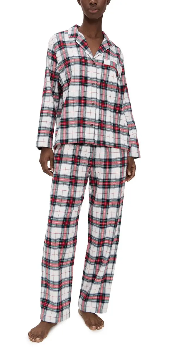 Eberjey Flannel Long Pajama Set - Tartan Plaid Ivory/holly Red