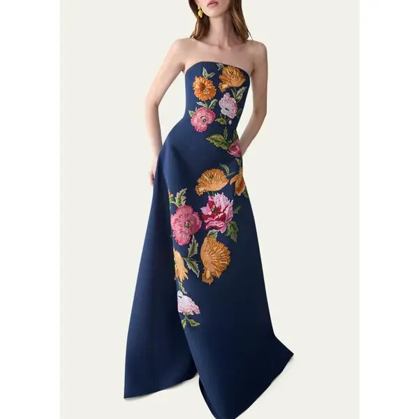 Carolina Herrera Strapless Floral Embroidered A-line Gown