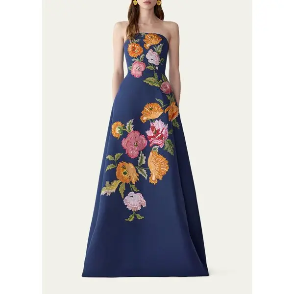Carolina Herrera Strapless Floral Embroidered A-line Gown