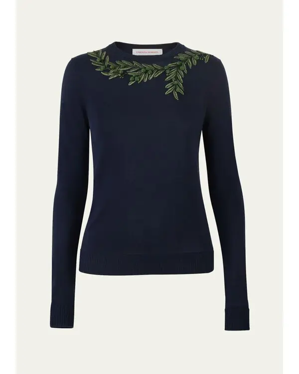 Carolina Herrera Olive Branch Embroidered Sweater