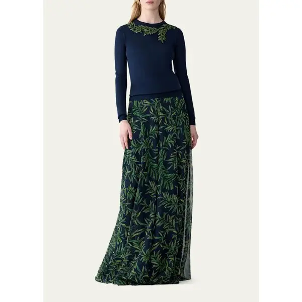 Carolina Herrera Olive Branch Embroidered Sweater