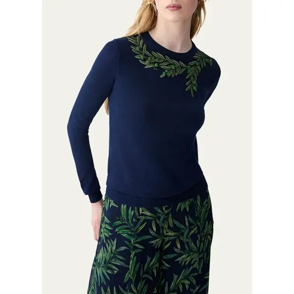 Carolina Herrera Olive Branch Embroidered Sweater