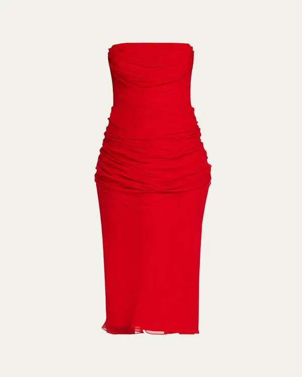 Carolina Herrera Strapless Draped Silk Midi Dress - Herrera Red