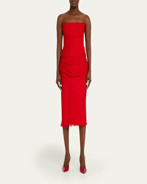 Carolina Herrera Strapless Draped Silk Midi Dress - Herrera Red