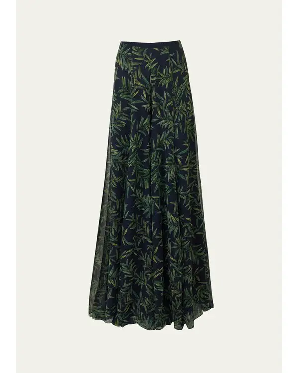 Carolina Herrera Iris Olive Printed Wide-leg Silk Chiffon Pants