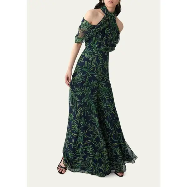 Carolina Herrera Iris Olive Printed Wide-leg Silk Chiffon Pants