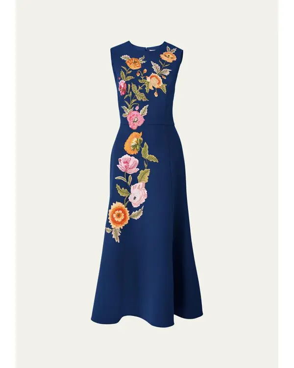 Carolina Herrera Floral Embroidered Sleeveless Midi Dress