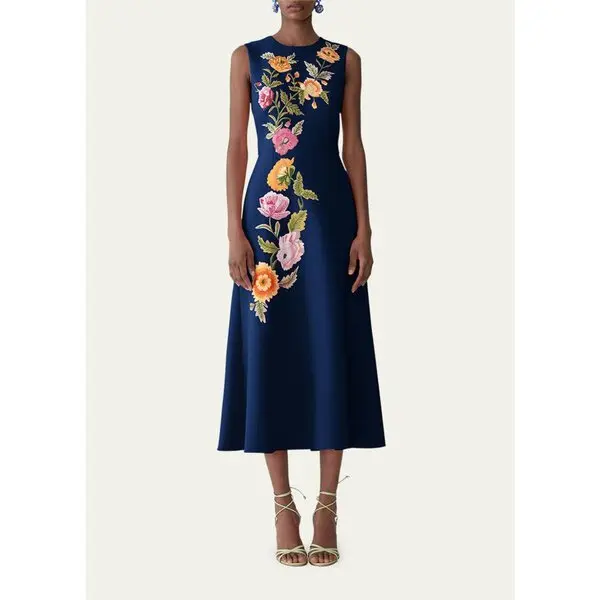 Carolina Herrera Floral Embroidered Sleeveless Midi Dress