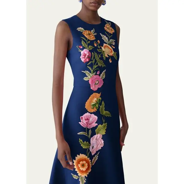 Carolina Herrera Floral Embroidered Sleeveless Midi Dress