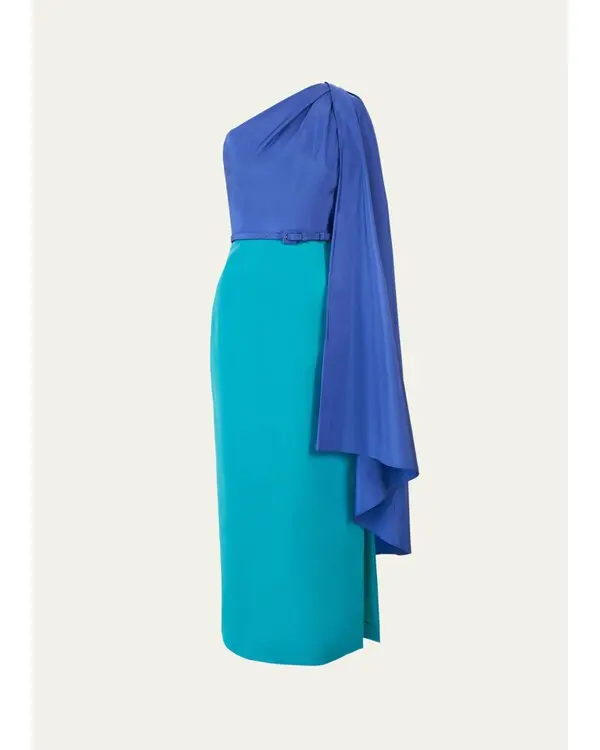 Carolina Herrera Colorblock Silk One-shoulder Maxi Dress With Detachable Drape