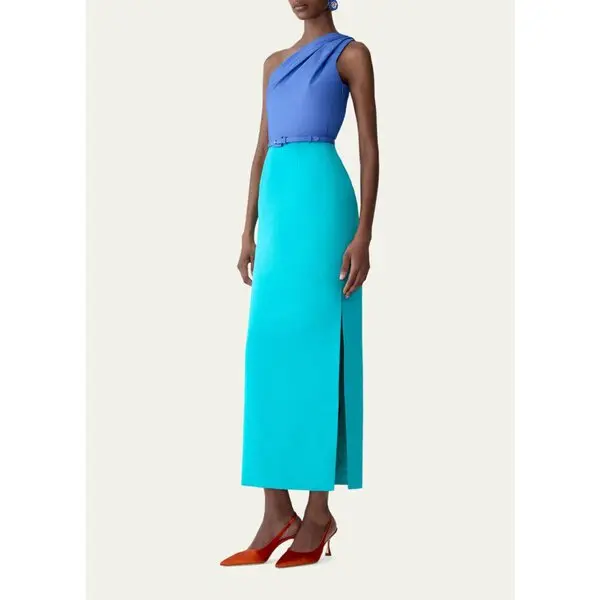 Carolina Herrera Colorblock Silk One-shoulder Maxi Dress With Detachable Drape