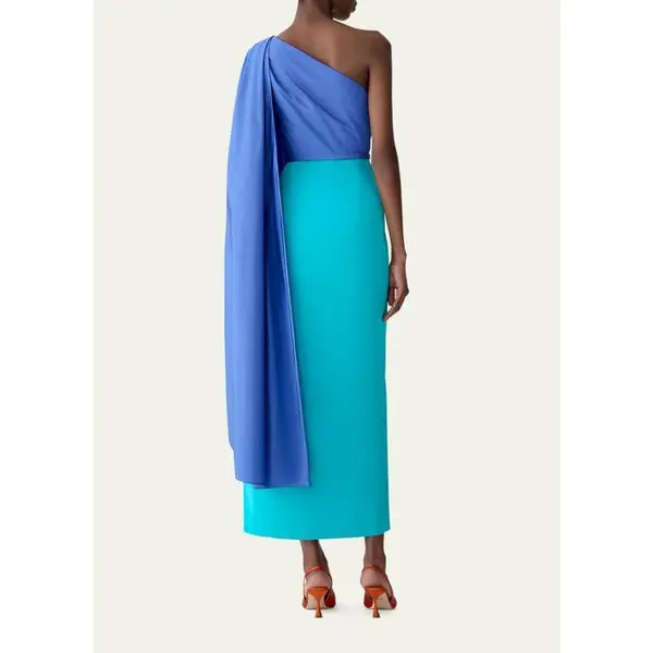 Carolina Herrera Colorblock Silk One-shoulder Maxi Dress With Detachable Drape