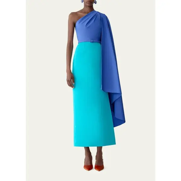 Carolina Herrera Colorblock Silk One-shoulder Maxi Dress With Detachable Drape