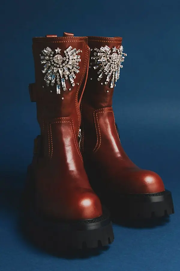 NAN-KU COUTURE Glasgow Embellished Leather Boots - Tan