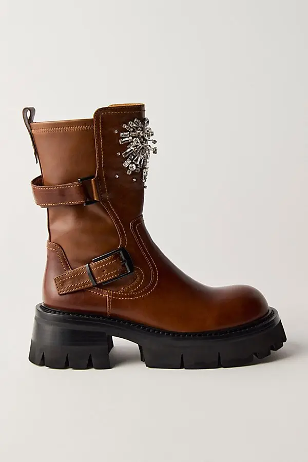 NAN-KU COUTURE Glasgow Embellished Leather Boots - Tan