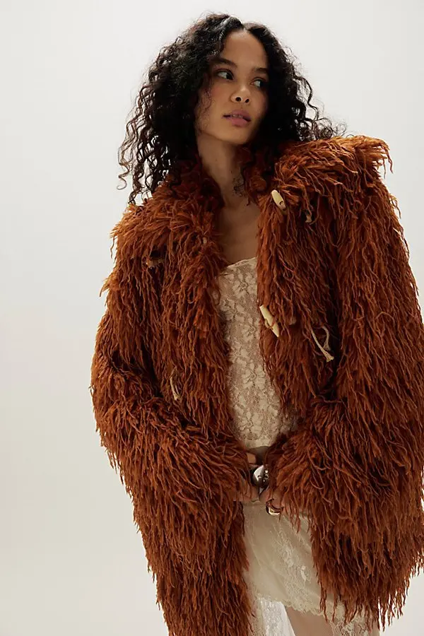 Free People Faux Fur Longline Jacket - Cloves