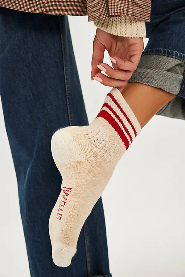 IVY ELLIS Torrisdale Crew Socks - Beige Slub/red Stripe