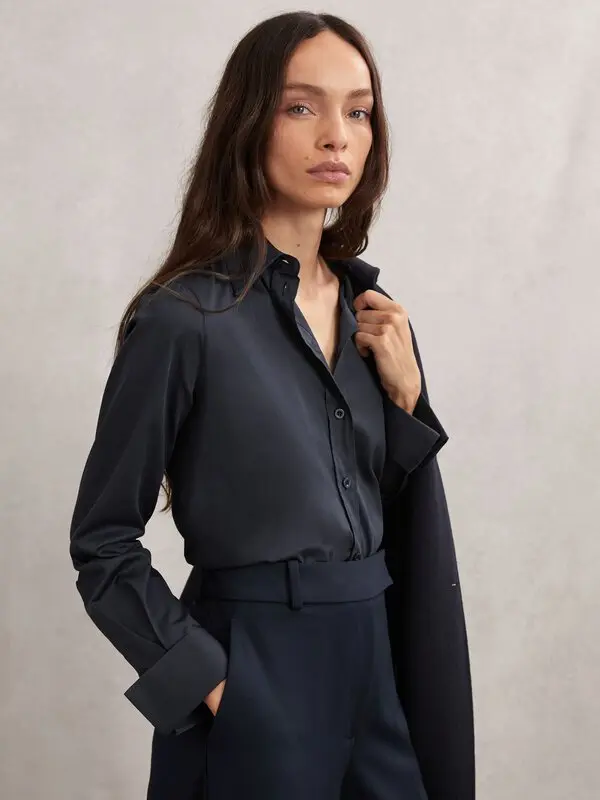 REISS Lottie Cotton-sateen Folded-cuff Shirt - Navy