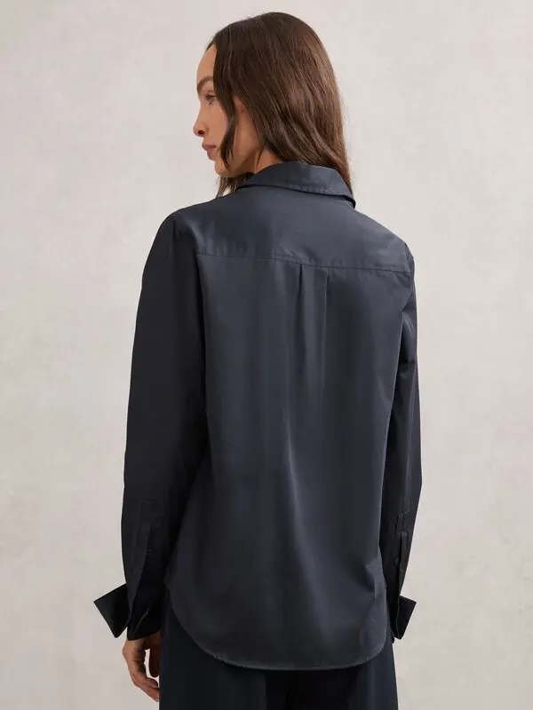 REISS Lottie Cotton-sateen Folded-cuff Shirt - Navy