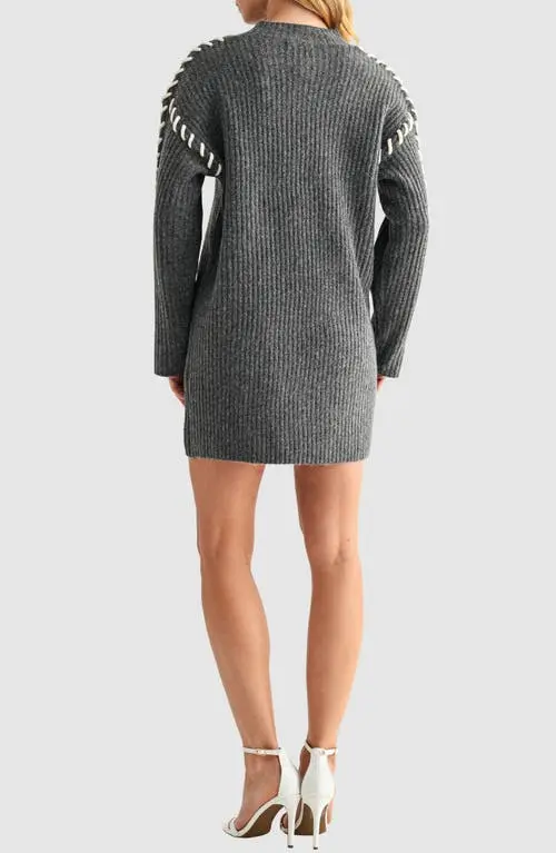 ALL IN FAVOR Long Sleeve Mini Sweater Dress With Contrast Stitching - Charcoal Grey