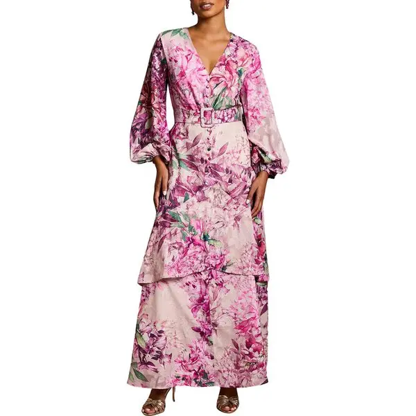 Coast Petite Long Sleeve Floral Chiffon Midaxi Dress - Pink