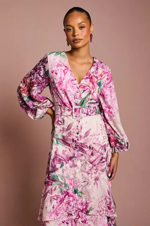 Coast Petite Long Sleeve Floral Chiffon Midaxi Dress - Pink