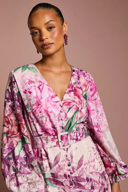 Coast Petite Long Sleeve Floral Chiffon Midaxi Dress - Pink