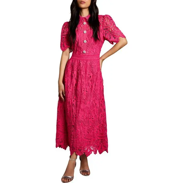 Coast Short Sleeve Collared Lace Midi Dress - Raspberry