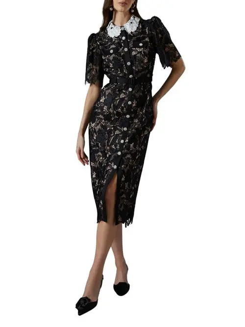 Coast Short Sleeve Lace Shirt Dress With Contrasting Collar And Side Slit - Black