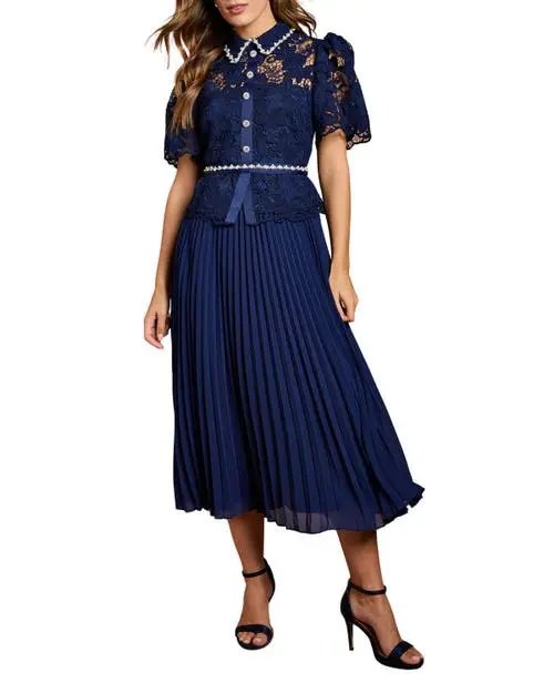 Coast Lace Top Pleat Skirt Jewel Button Dress - Navy