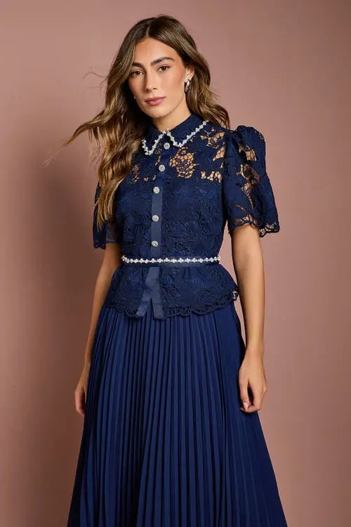 Coast Lace Top Pleat Skirt Jewel Button Dress - Navy