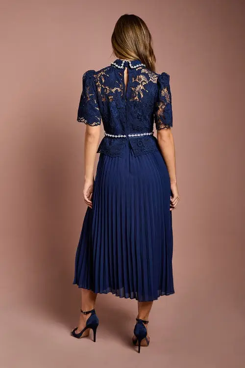 Coast Lace Top Pleat Skirt Jewel Button Dress - Navy