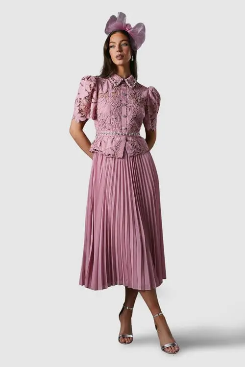 Coast Lace Top Pleat Skirt Jewel Button Dress - Pink