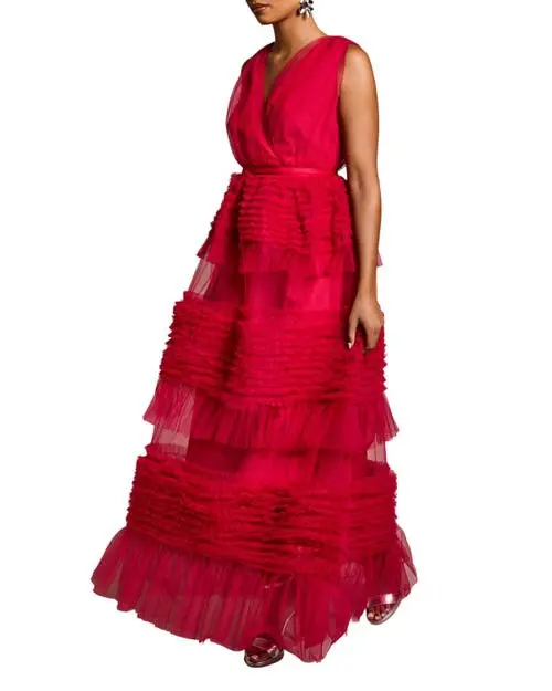 Coast Petite Sleeveless Mesh Tiered Maxi Dress - Raspberry